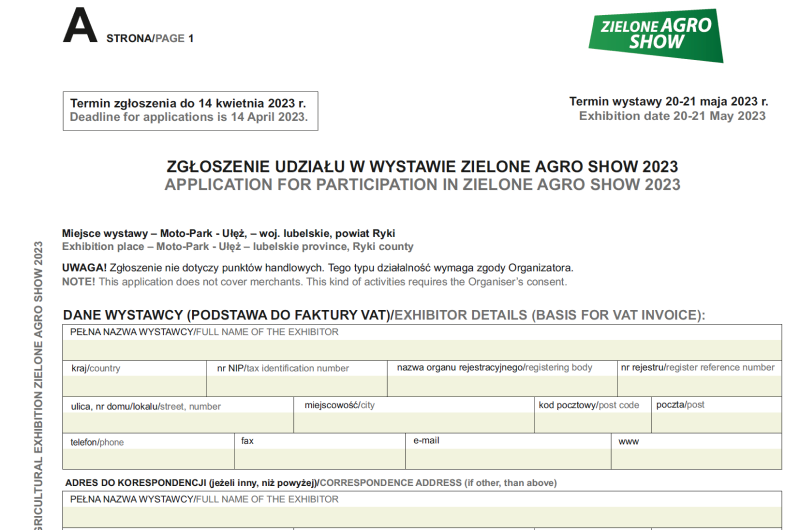Application Forms - ZIELONE AGRO SHOW